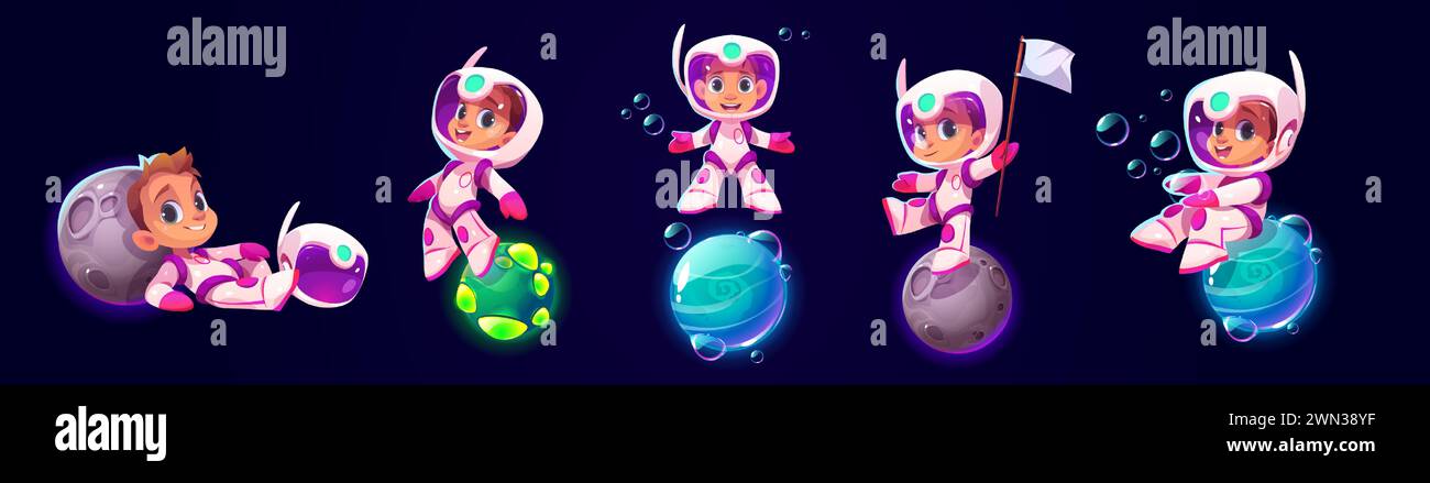 Cute kid boy astronaut in suit with helmet flying and playing on little ...