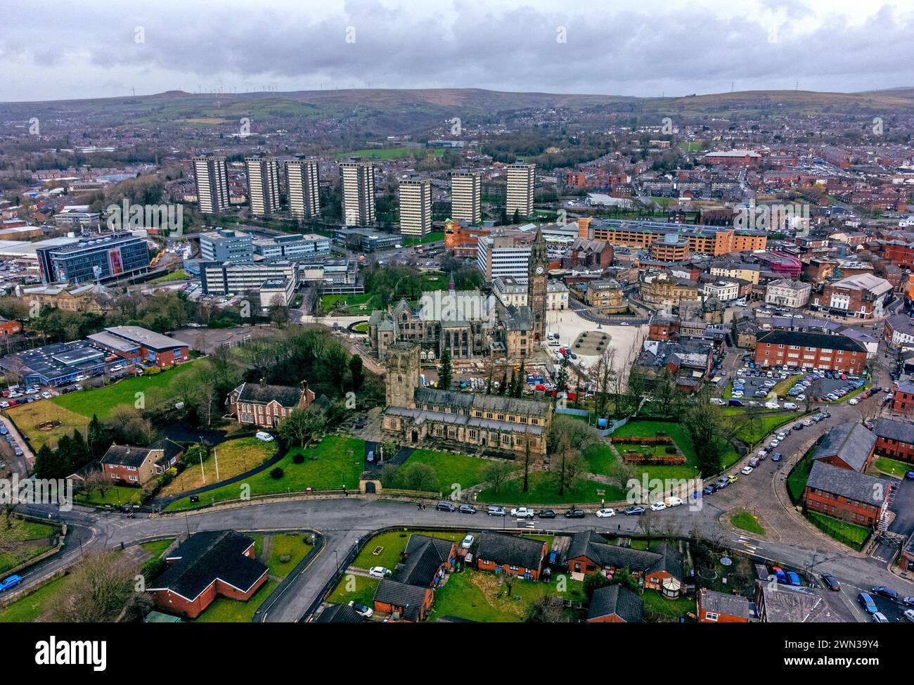 An aerial view of Rochdale Town Centre as voting begins in the Rochdale ...