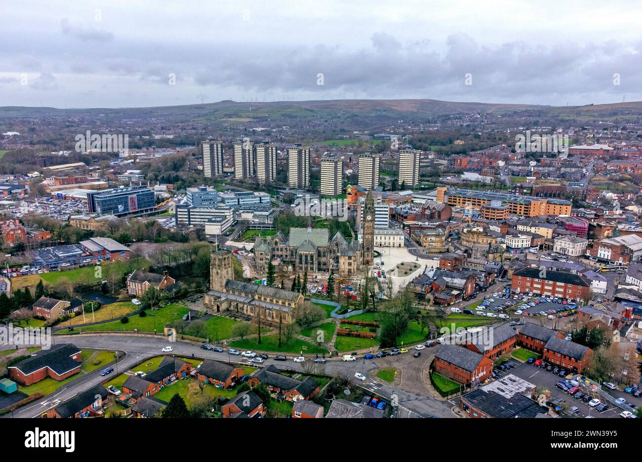 An aerial view of Rochdale Town Centre as voting begins in the Rochdale ...