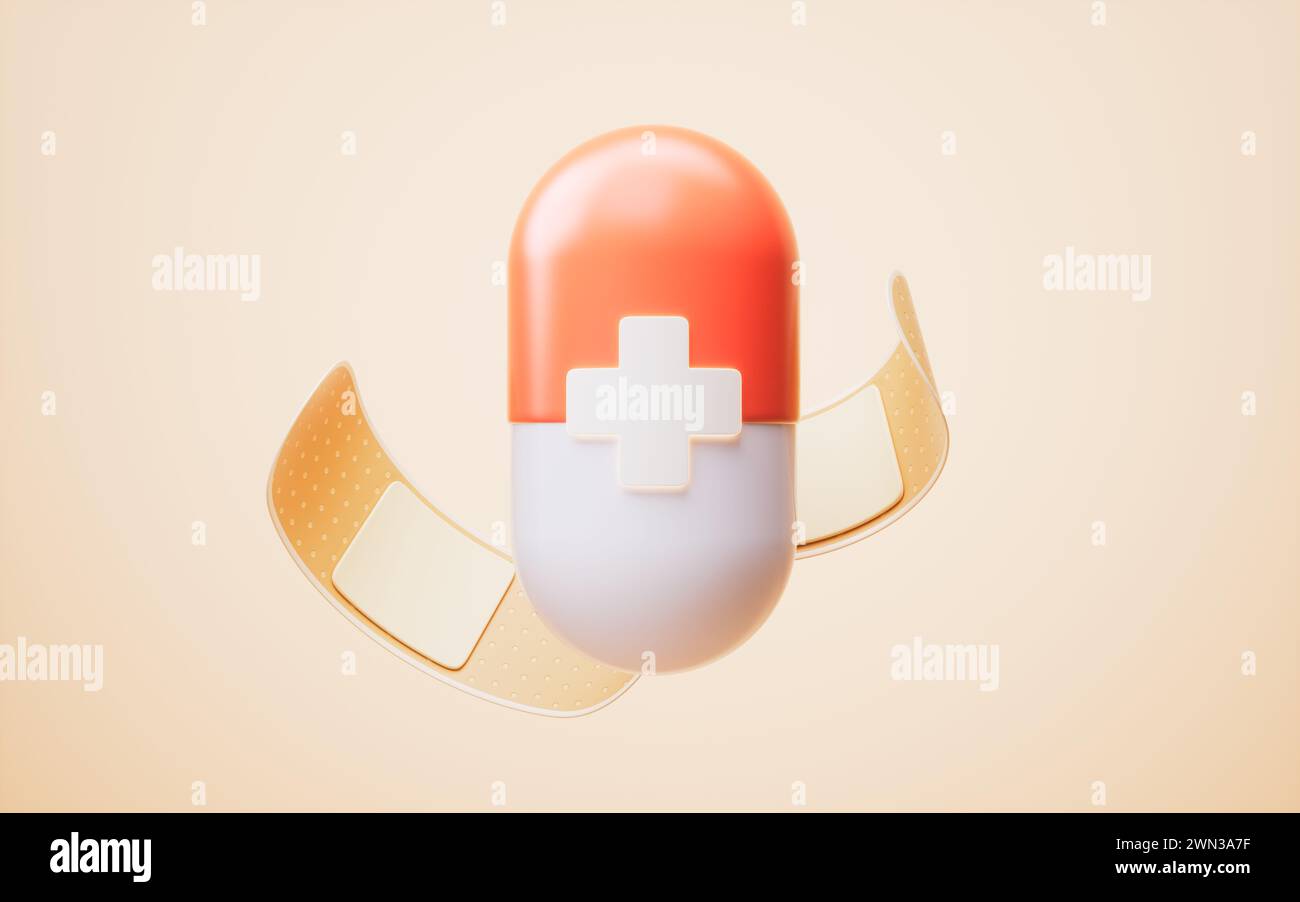 Medical capsule and adhesive bandage, 3d rendering. 3D illustration ...