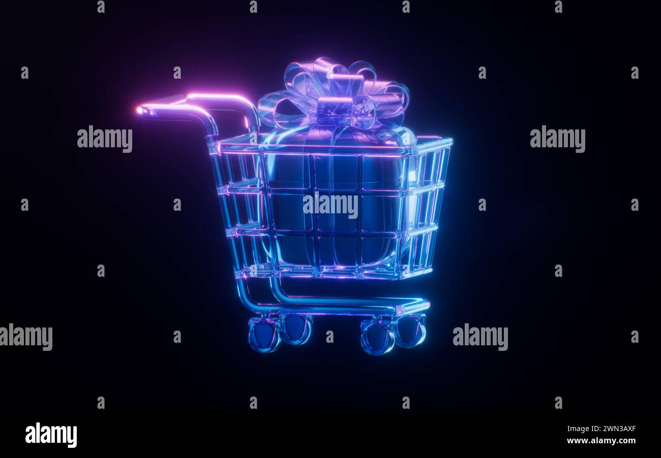 Shopping cart with dark neon light effect, 3d rendering. 3D ...