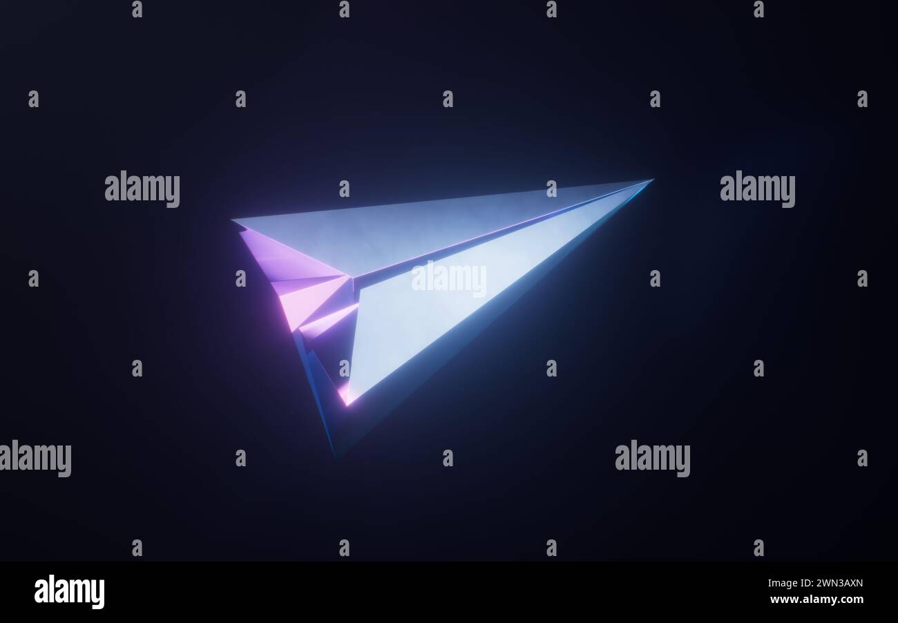 Paper plane with dark neon light effect, 3d rendering. 3D illustration ...