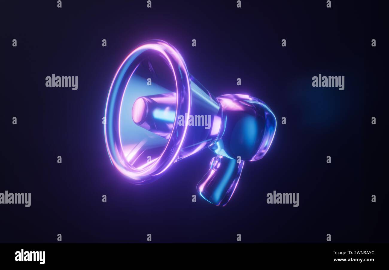 Loudspeaker with dark neon light effect, 3d rendering. 3D illustration ...