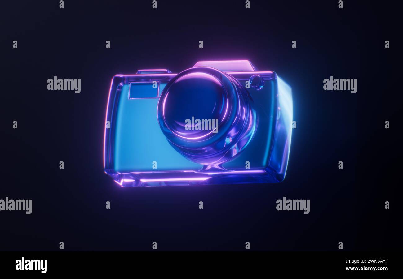 Camera with dark neon light effect, 3d rendering. 3D illustration Stock ...