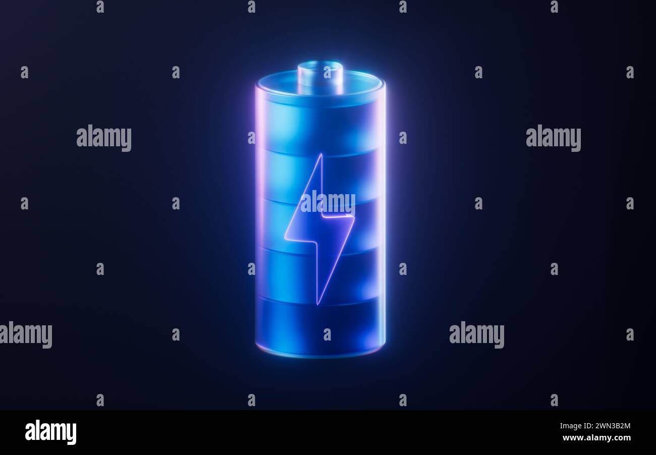 Battery with dark neon light effect, 3d rendering. 3D illustration ...
