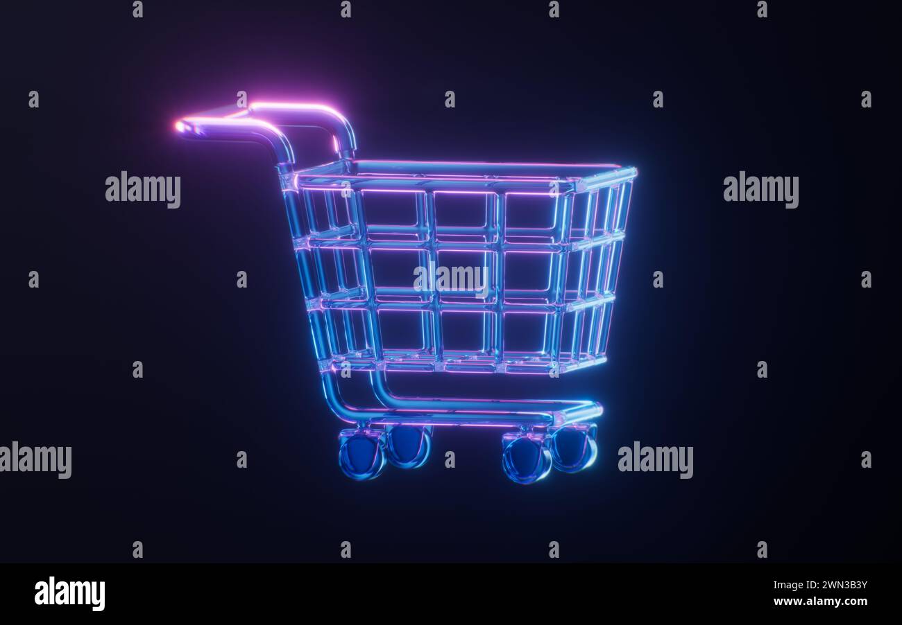 Shopping cart with dark neon light effect, 3d rendering. 3D ...