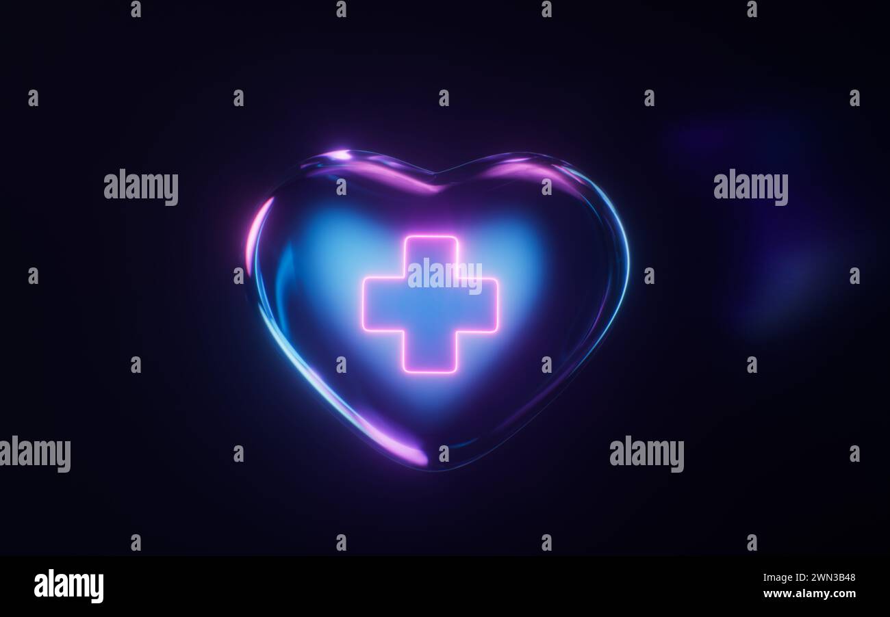 Medical heart with dark neon light effect, 3d rendering. 3D ...