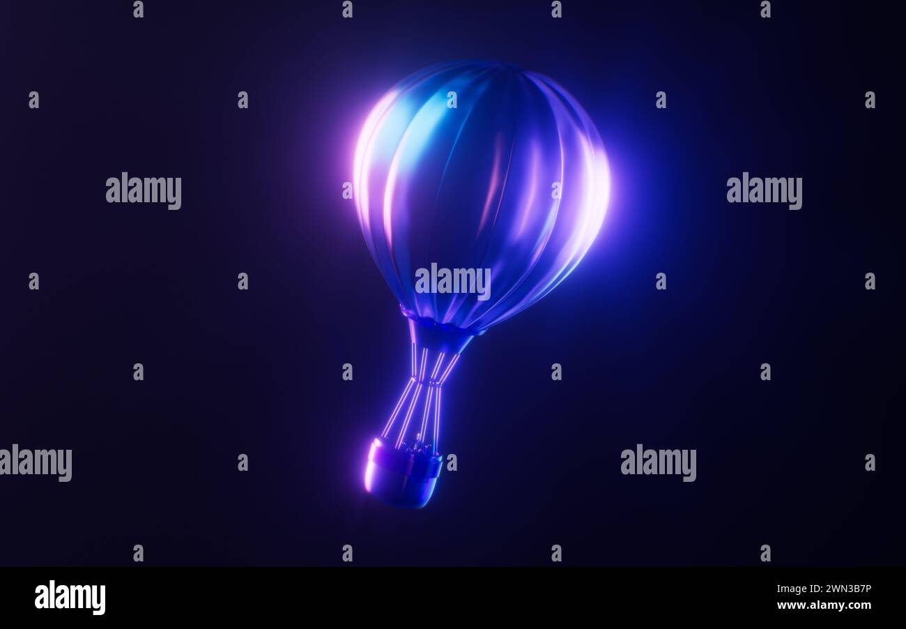 Hot air balloon with dark neon light effect, 3d rendering. 3D ...