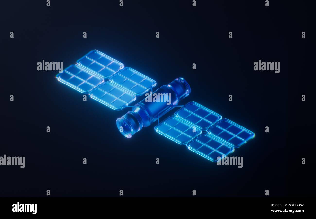 Artificial satellite with dark neon light effect, 3d rendering. 3D ...