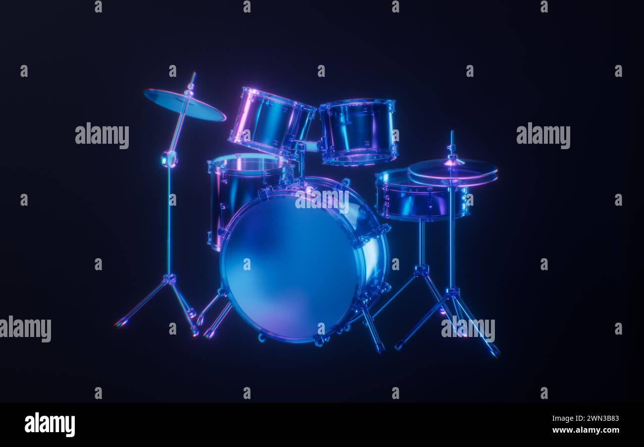 Drum set with dark neon light effect, 3d rendering. 3D illustration ...