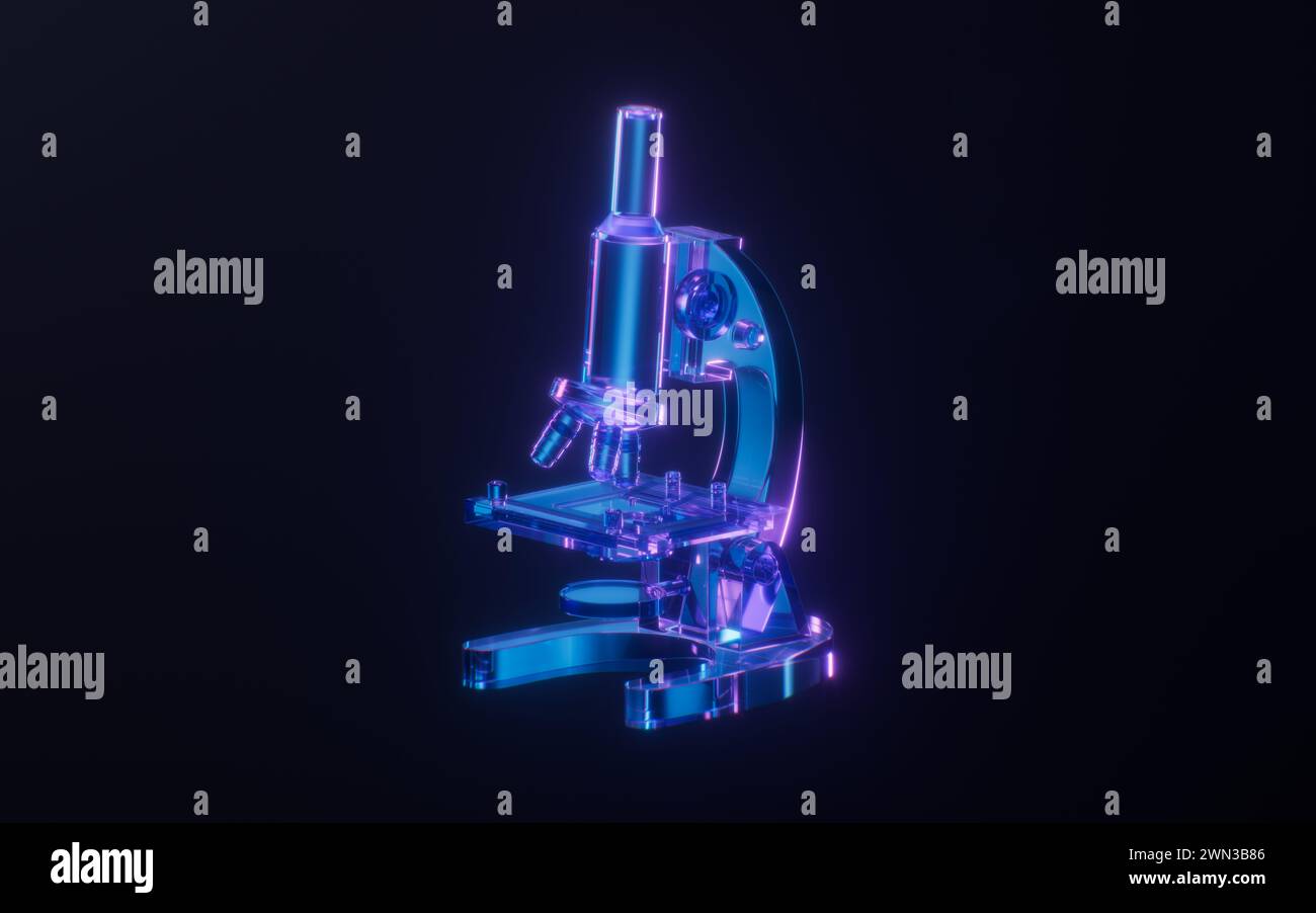 Microscope with dark neon light effect, 3d rendering. 3D illustration ...