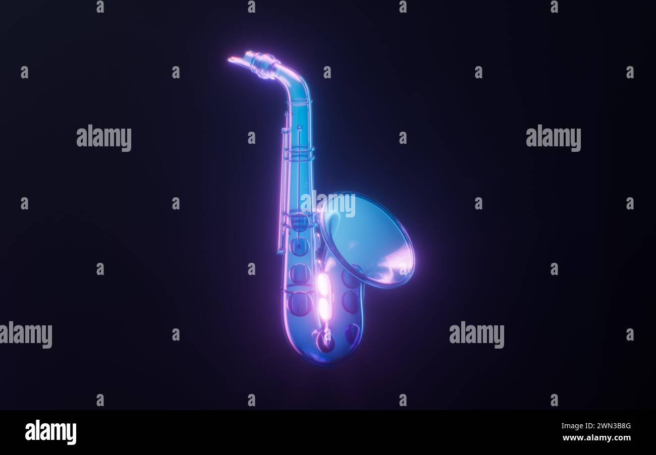 Saxophone with dark neon light effect, 3d rendering. 3D illustration ...