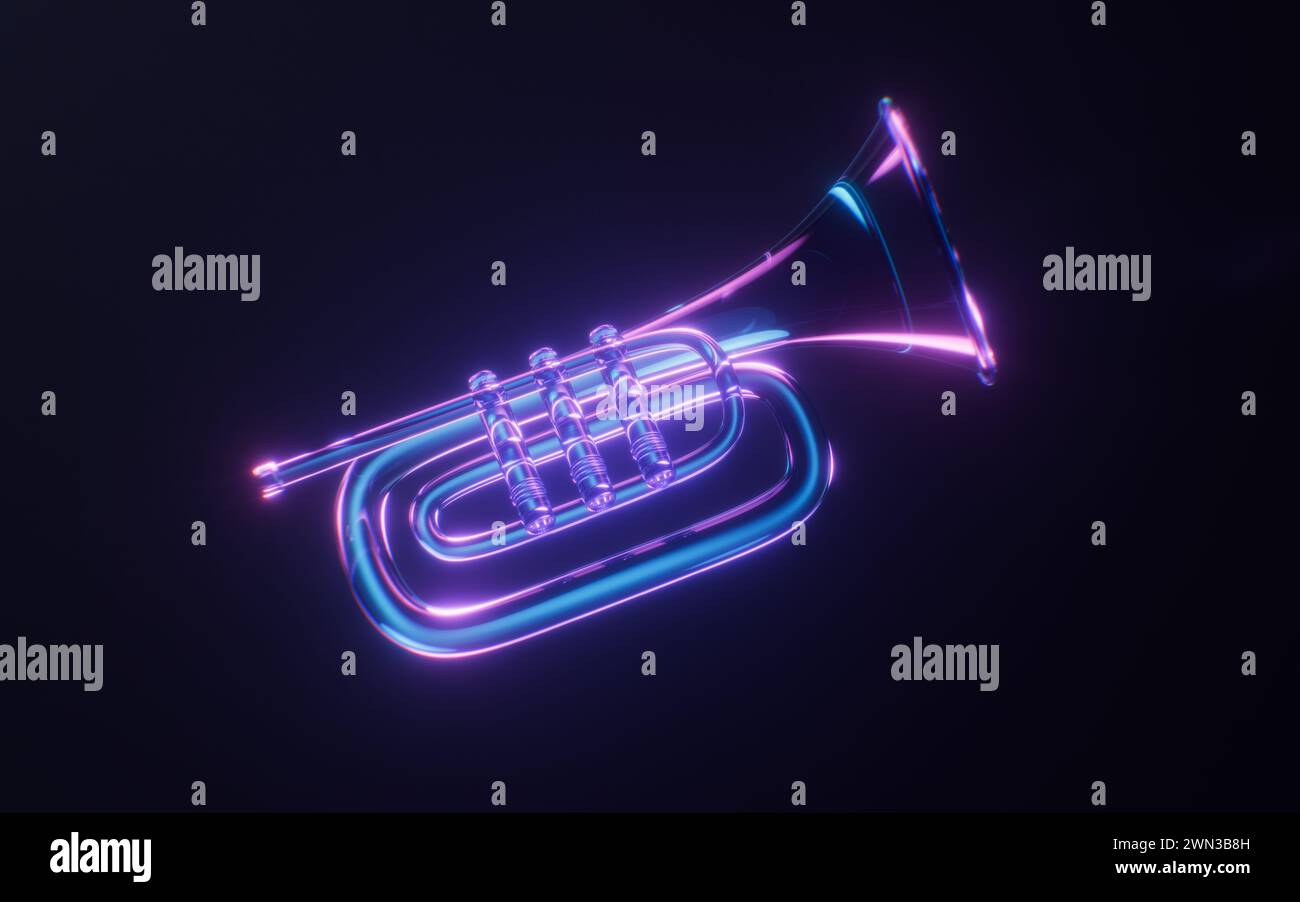 Trumpet with dark neon light effect, 3d rendering. 3D illustration ...