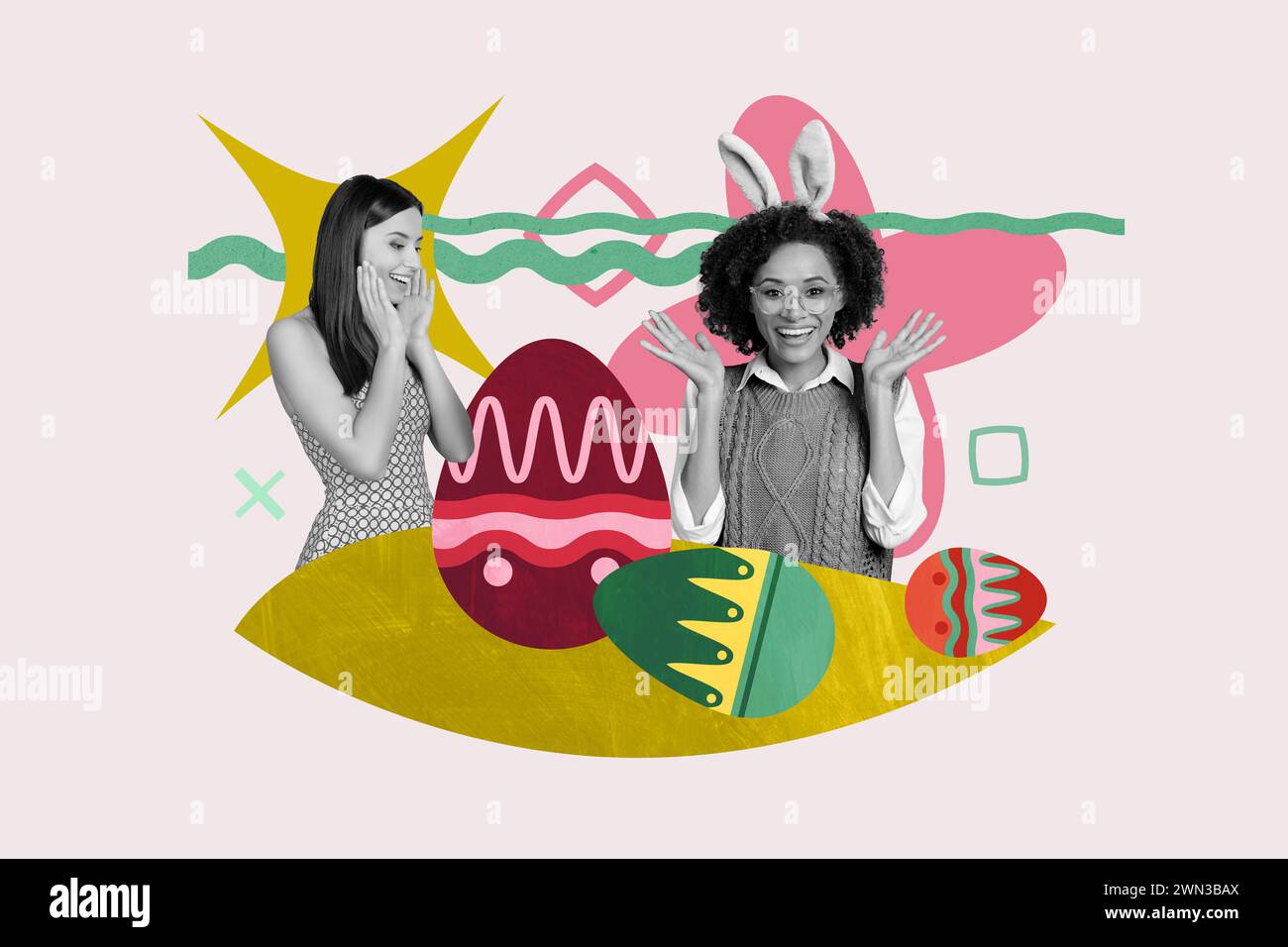 Creative photo collage two young girls celebrate easter holiday ...