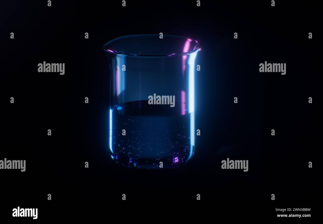 Chemical beaker with dark neon light effect, 3d rendering. 3D ...