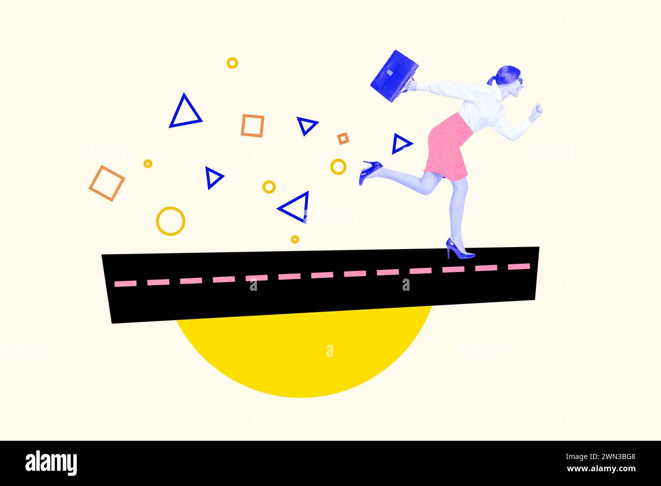 Photo collage picture running young woman employee rush reach success ...