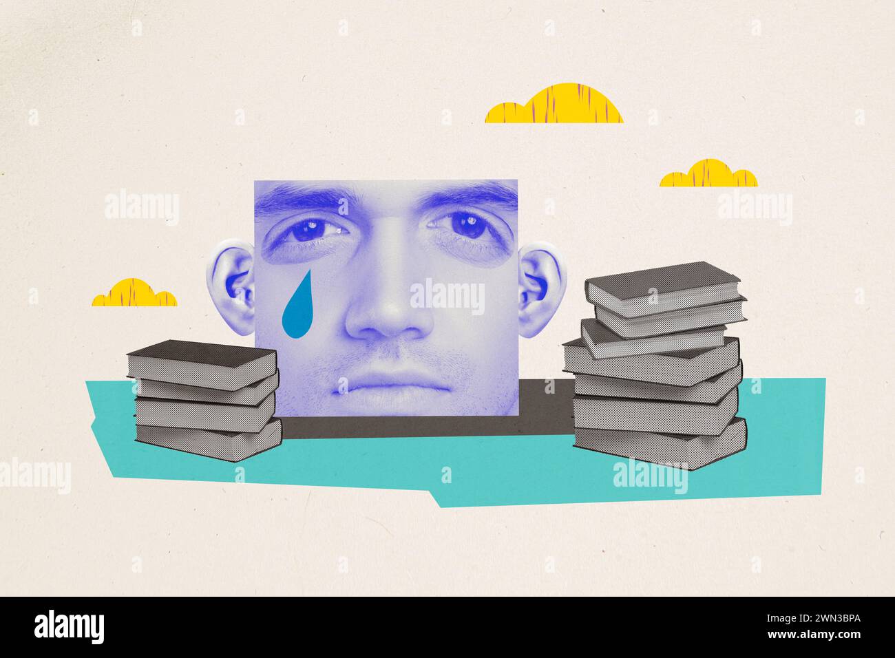 Creative collage banner man face body fragment cutout crying tear drop ...