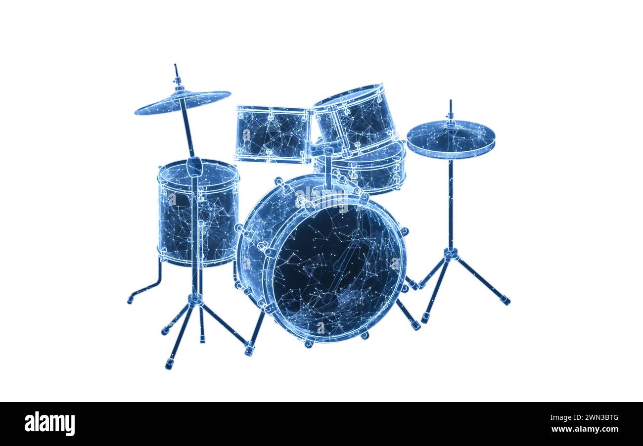 Drum set with blue technology structure, 3d rendering. 3D illustration ...