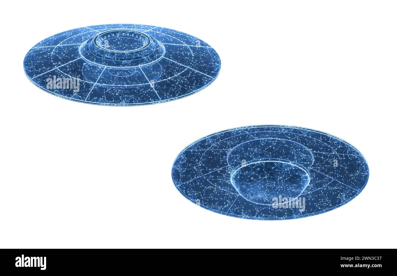 UFO with blue digital lines structure, 3d rendering. 3D illustration ...