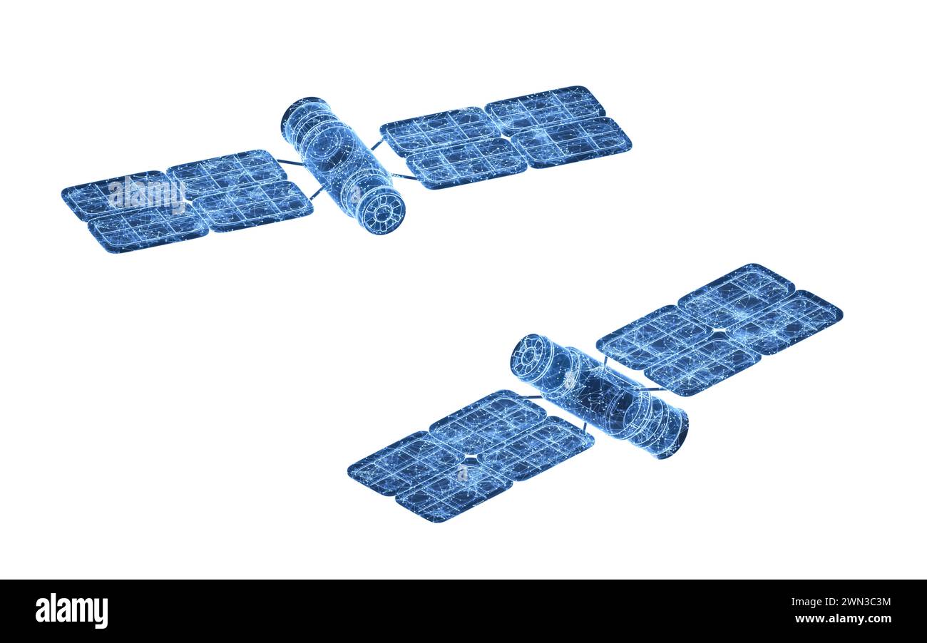 Artificial satellite with blue digital lines structure, 3d rendering ...