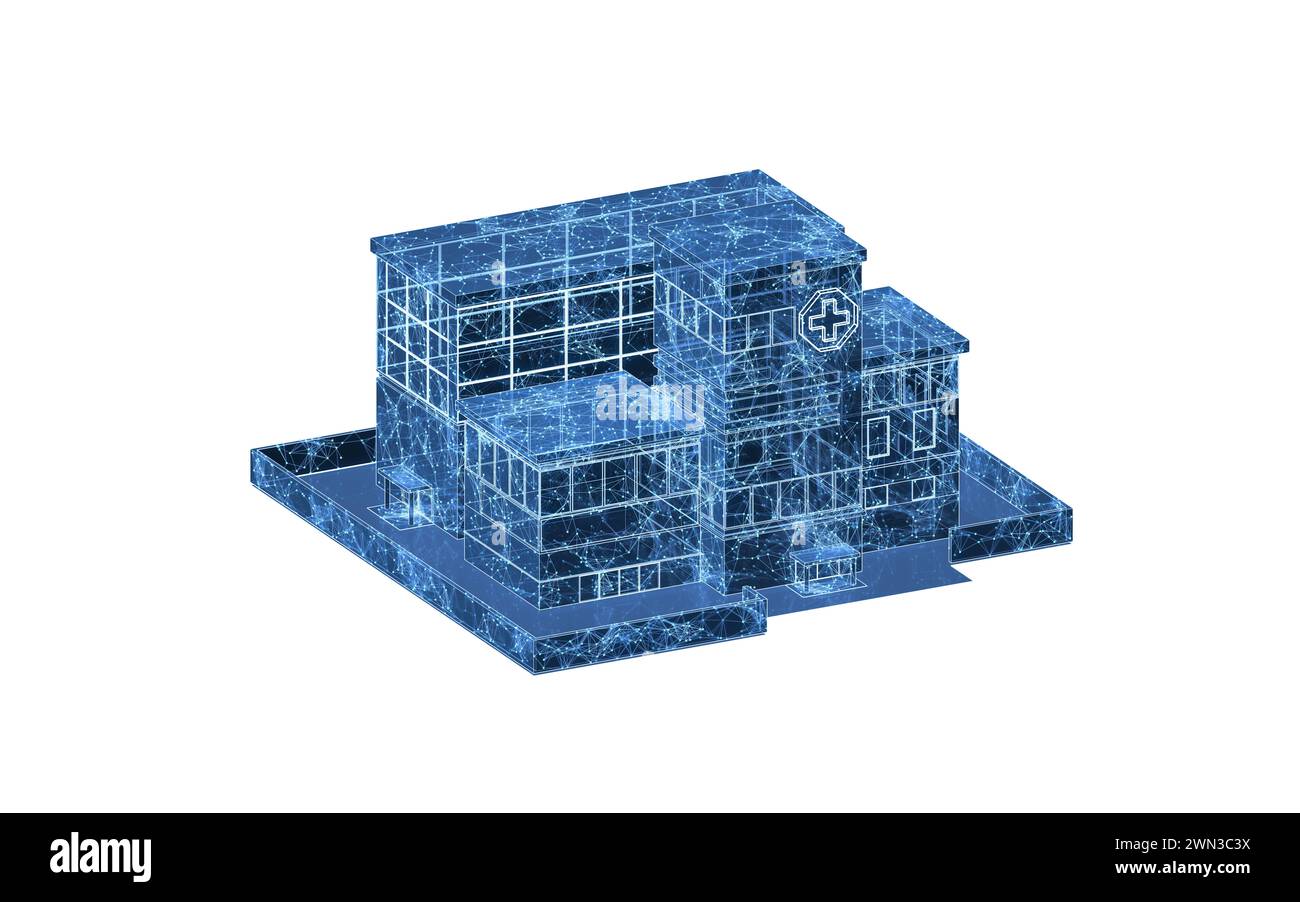 Hospital model with blue structure lines, 3d rendering. 3D illustration ...