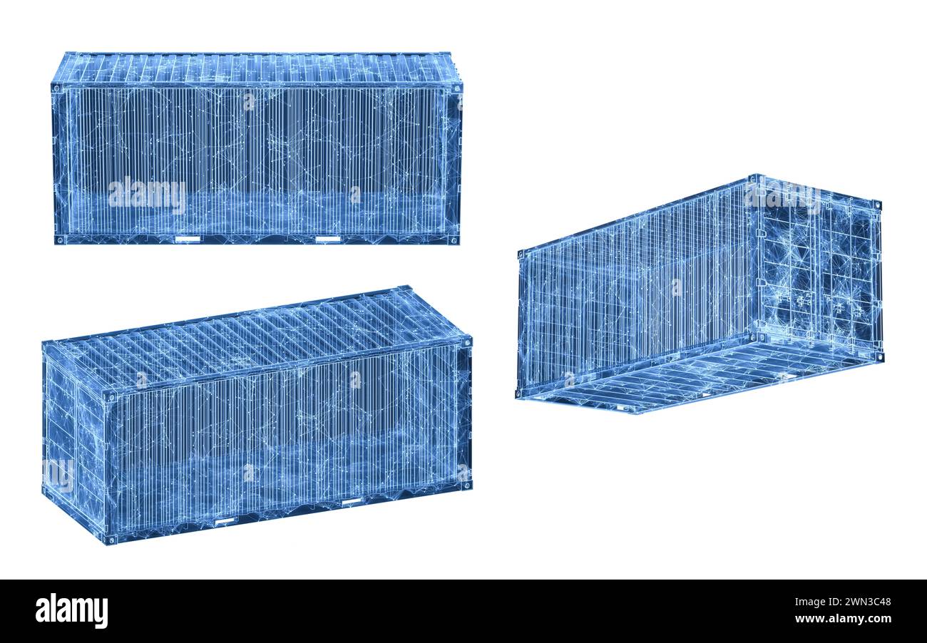 Cargo container with blue digital lines, freight and export, 3d ...