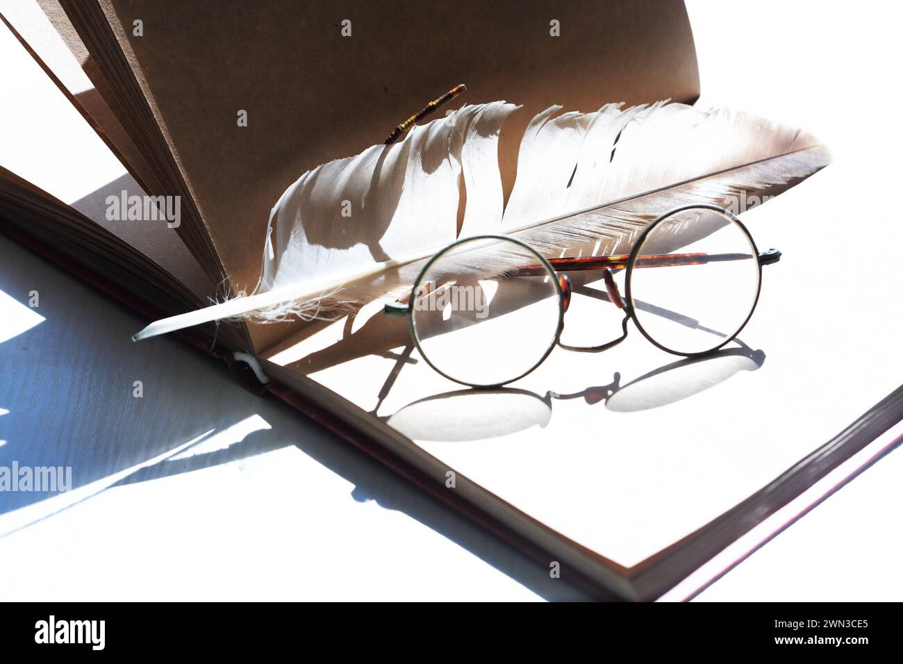 Still life with open book and quill pen under sun light Stock Photo - Alamy