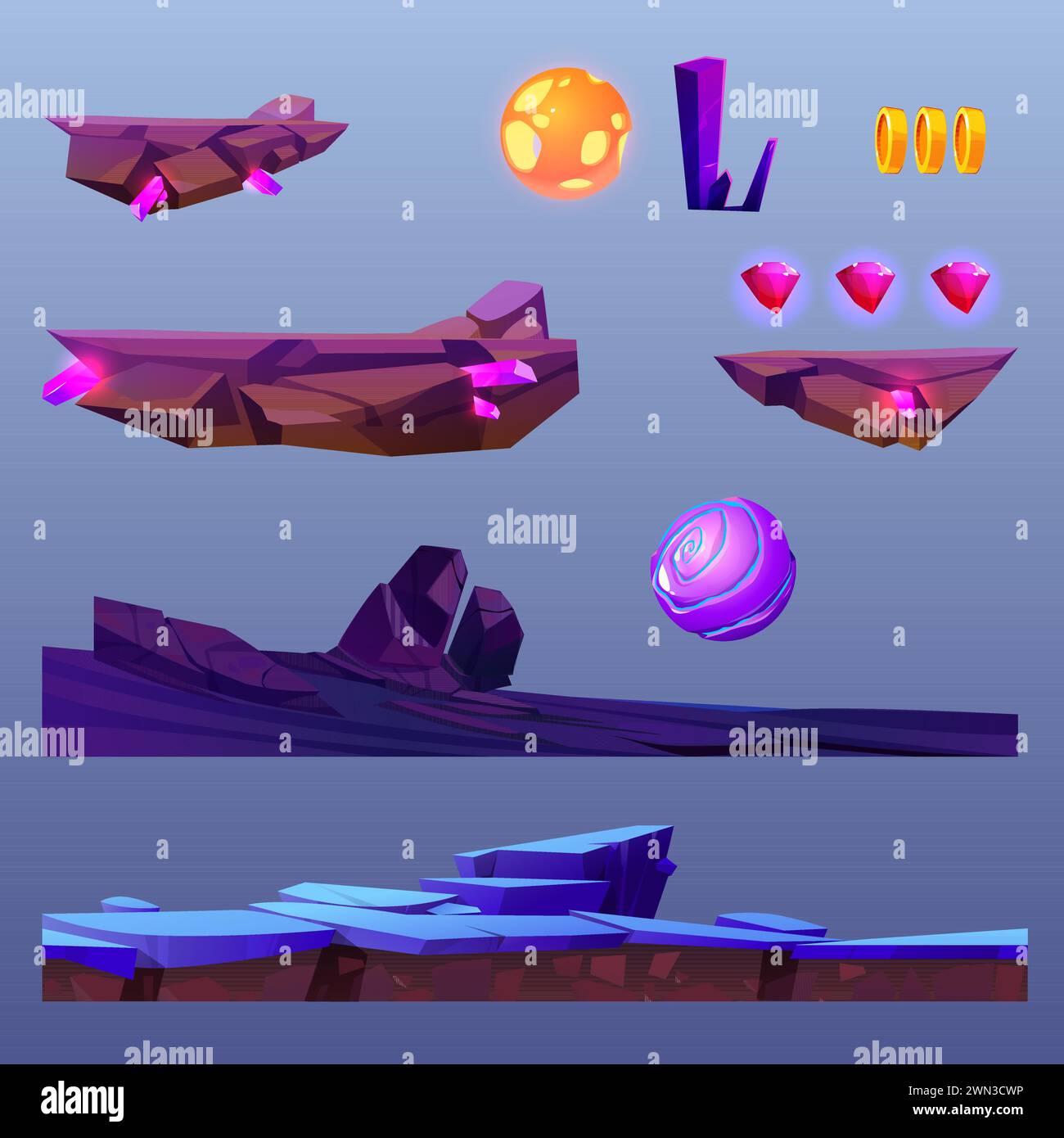 Space game ui design creation kit. Cartoon vector illustration set of gui level path and ...