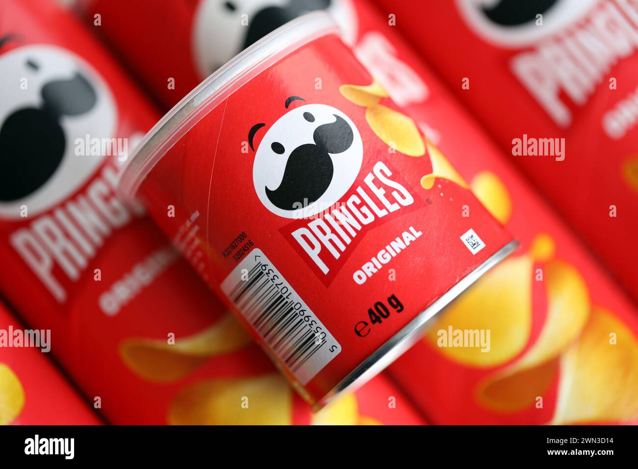 KYIV, UKRAINE - FEBRUARY 27, 2024 Pringles original potato chips on ...