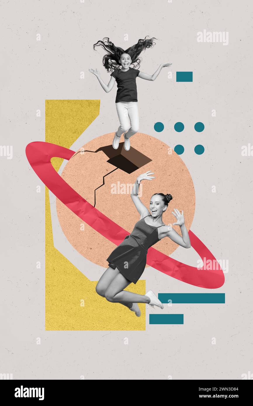 Vertical collage poster young girls little kid have fun leisure ...