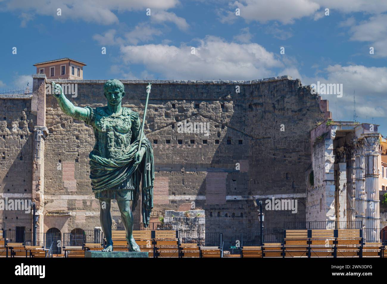 Green bronze statue of emperor Caesar Augustus on Via dei Fori ...
