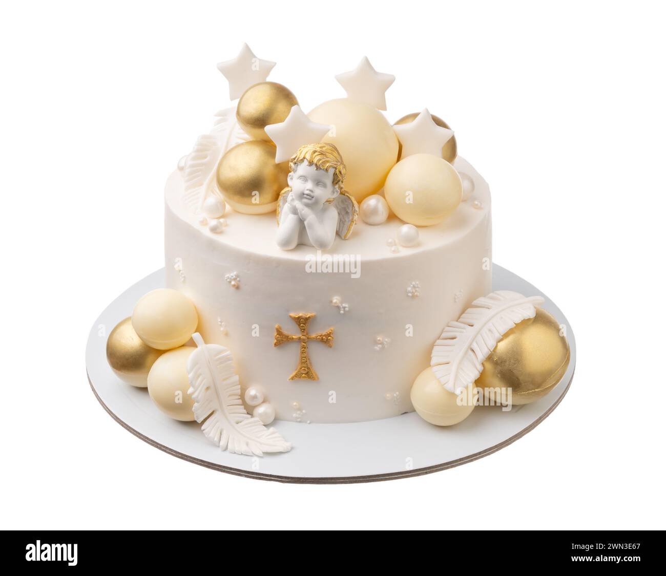 Decorative delicious baby baptism cake in the form of praying angel golden balloons. On a white ...