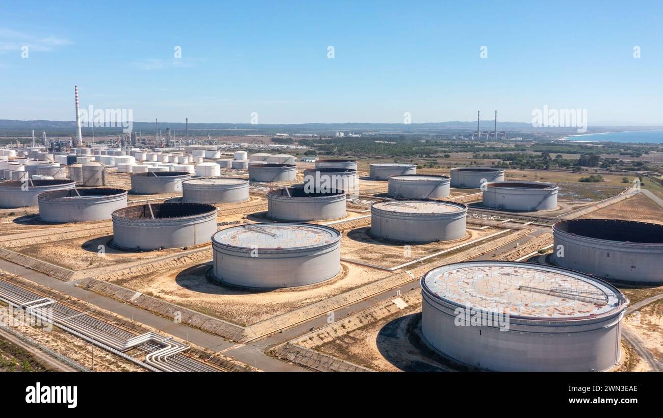 Portugal Sines oil terminal storage tanks, aerial view, oil and gas ...