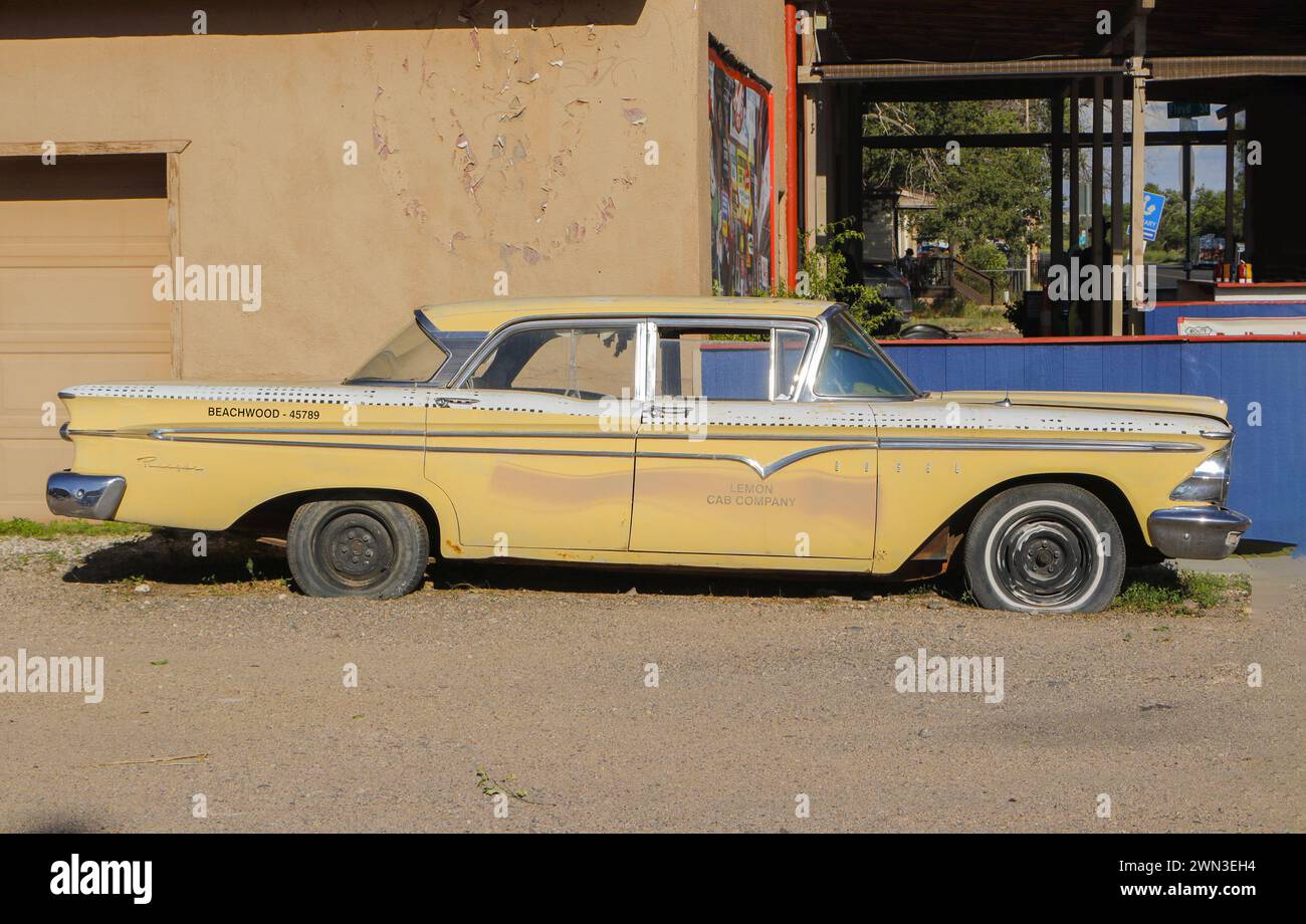 side view of vintage yellow american Edsel taxi cab on route 66 ...