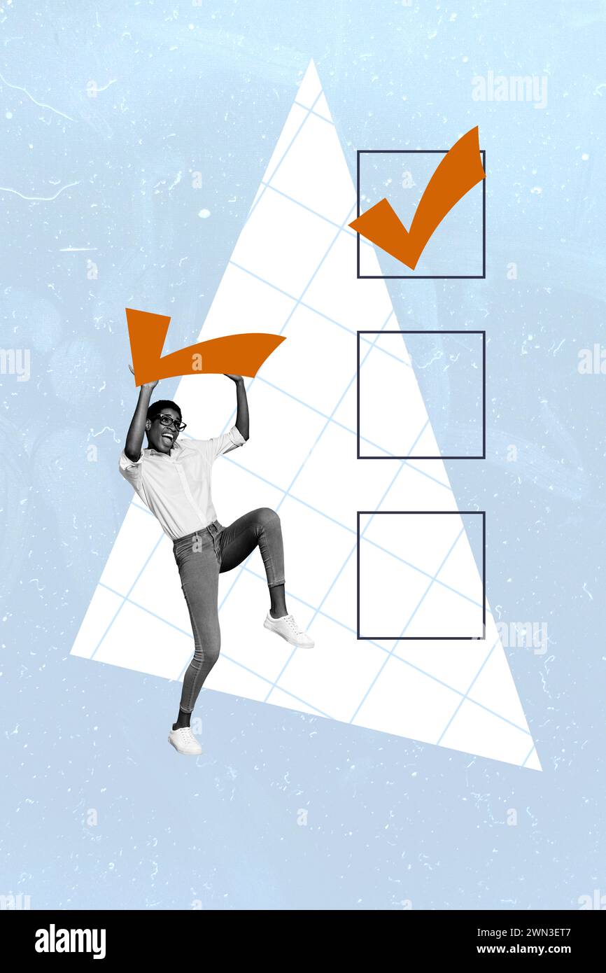 Collage artwork poster of cheerful happy woman choose correct answers ...