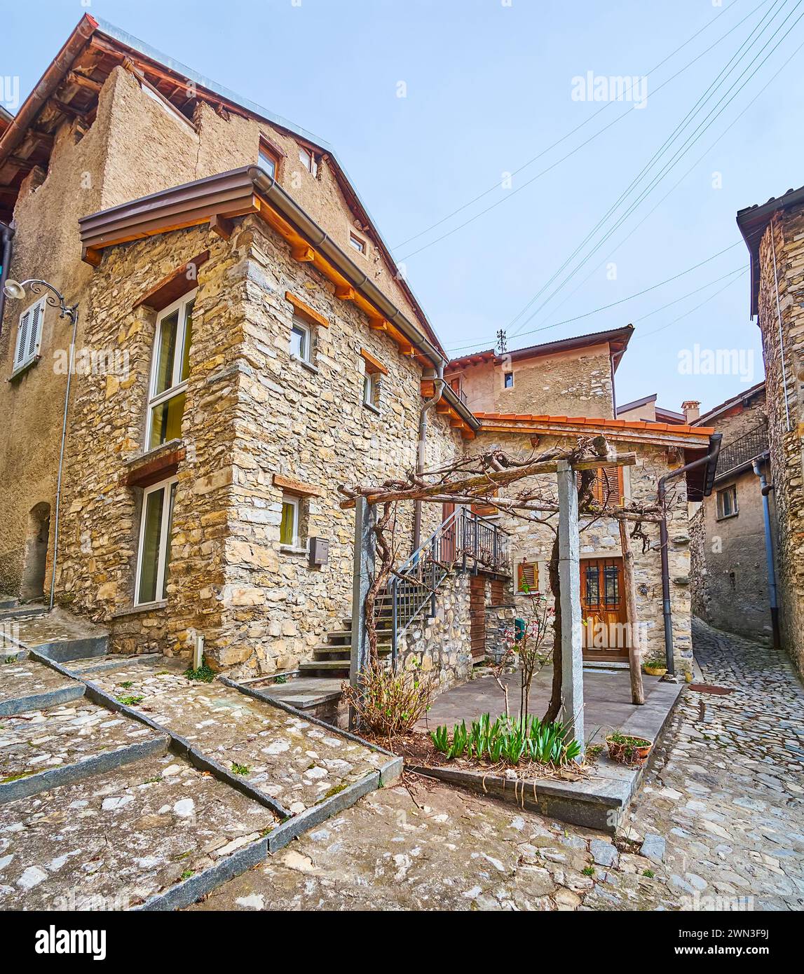 The street with old houses in Bre Village, Monte Bre, Ticino ...