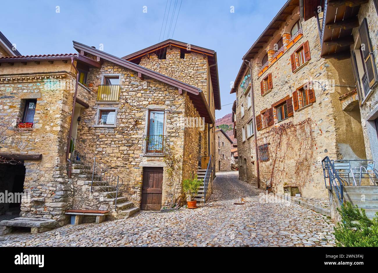 The stone streets and vintage houses of Bre Village, Monte Bre, Ticino ...