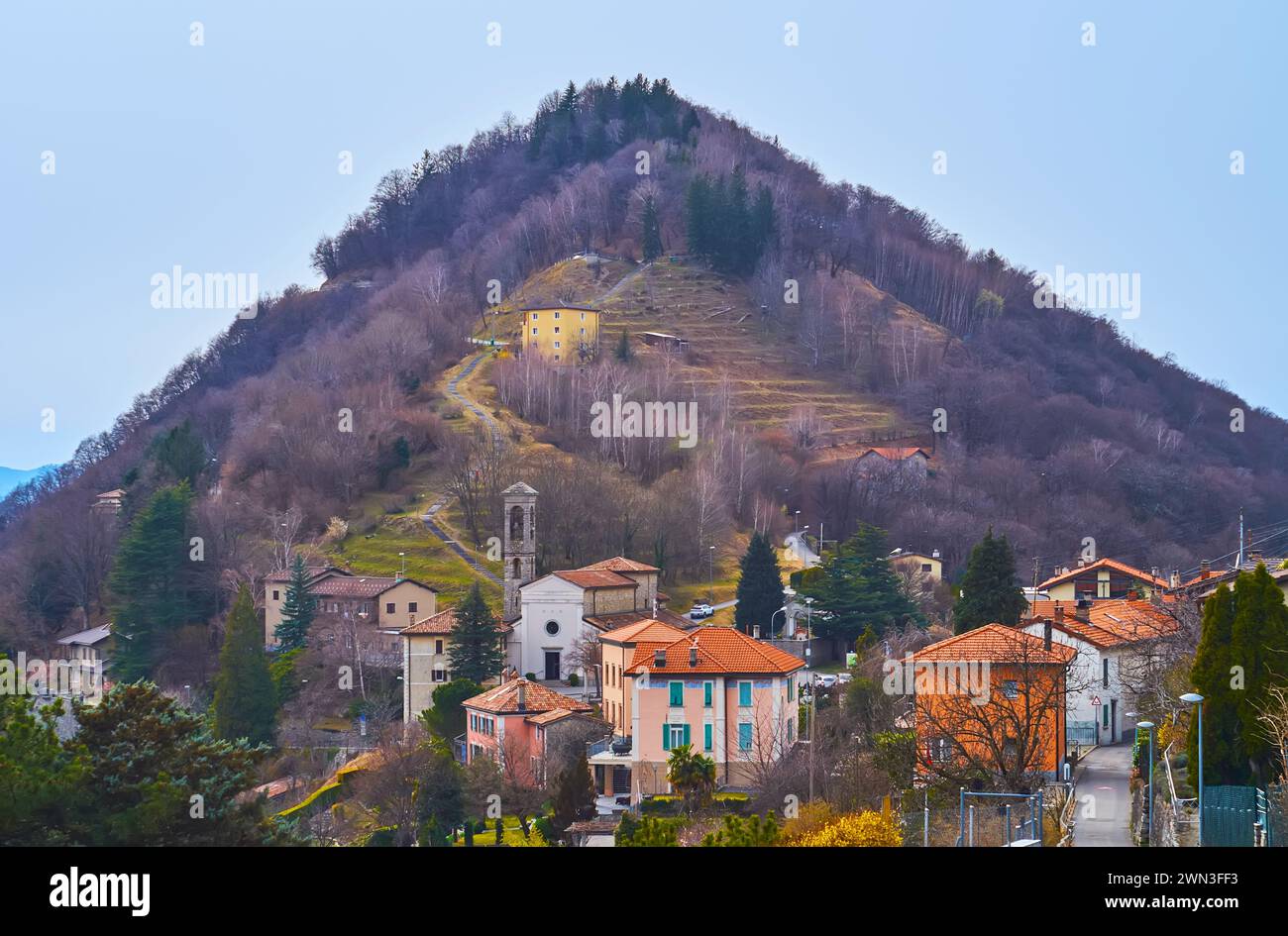 The housing and church of old Bre village against rhe Monte Bre, Lugano ...