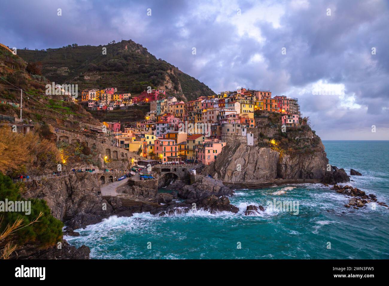 Manarola town at sunset in Cinque Terre, Italy, panoramic Stock Photo ...