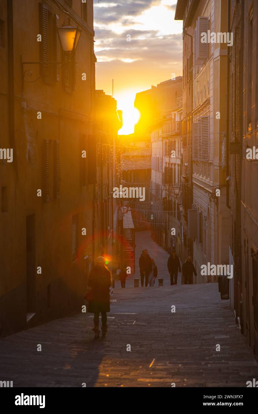 the sunset backlight in the narrow street in Siena, Italy Stock Photo ...
