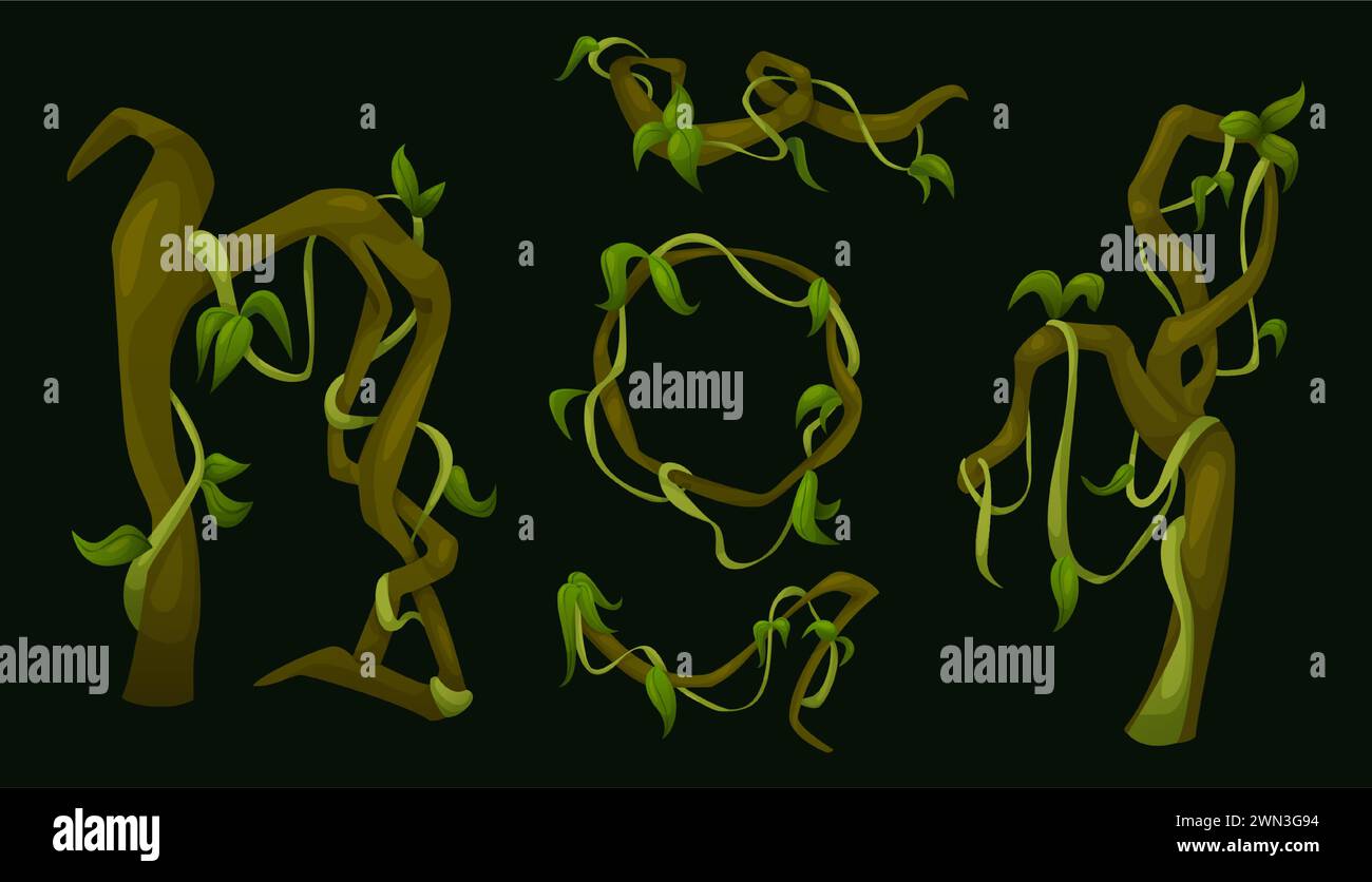 Jungle liana vines with green leaves. Cartoon vector illustration ...