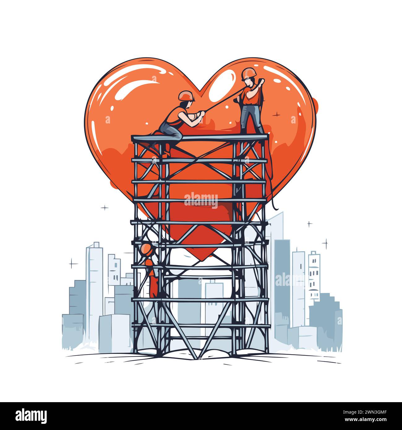 Vector illustration of two workers on scaffolding lifting big red heart ...
