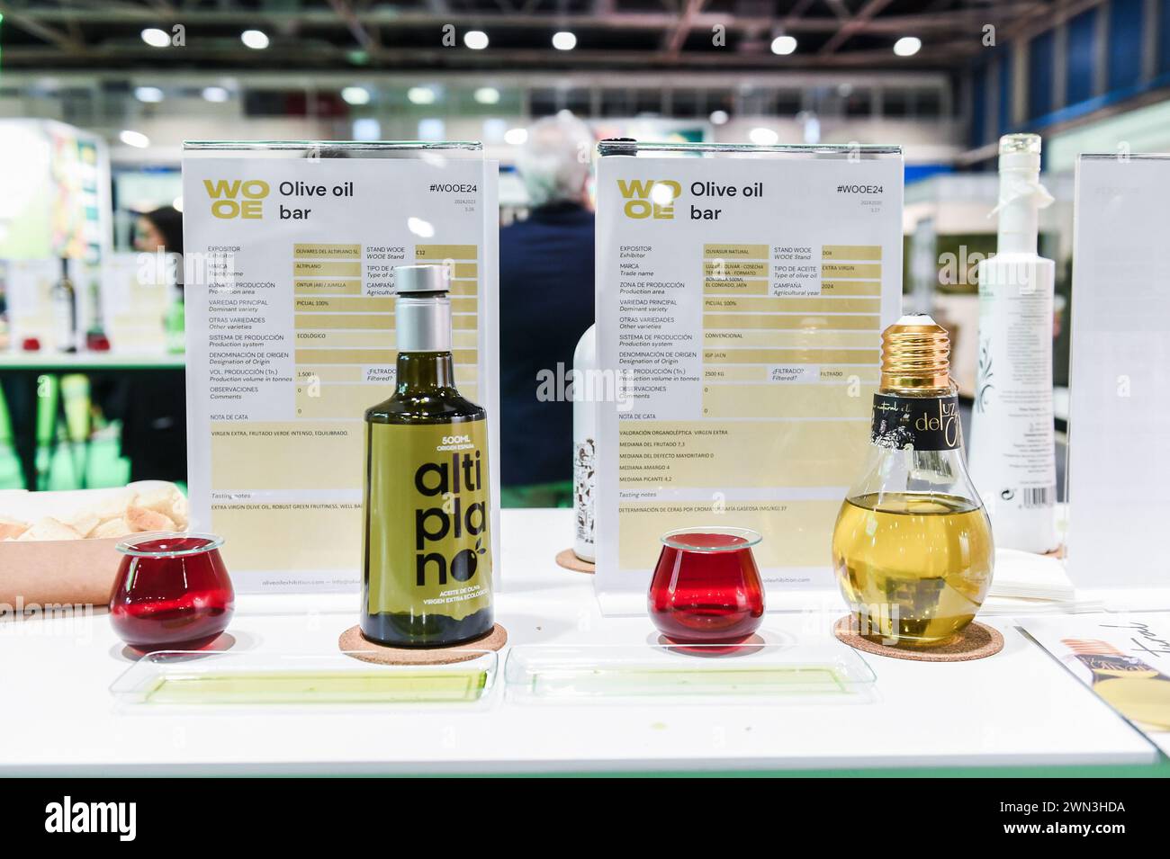 Madrid, Spain. 27th Feb, 2024. Olive oil samples seen displayed during ...