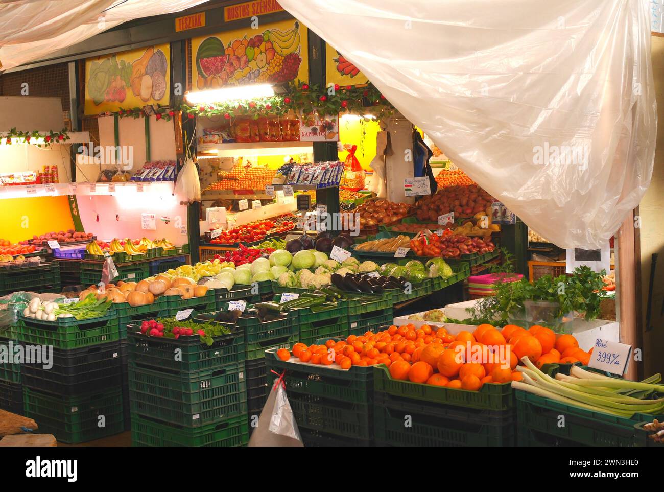 Fruit and vegetable stall inside the Rakoczi ter vasarcsarnok, Rakoczi ...