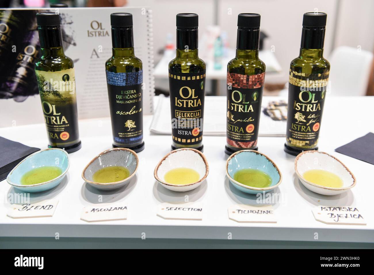 Madrid, Spain. 27th Feb, 2024. Olive oil samples seen displayed during ...