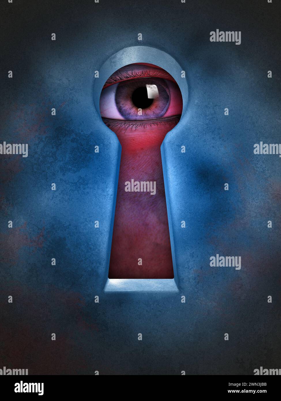 Human eye spying through a keyhole. Digital illustration Stock Photo - Alamy