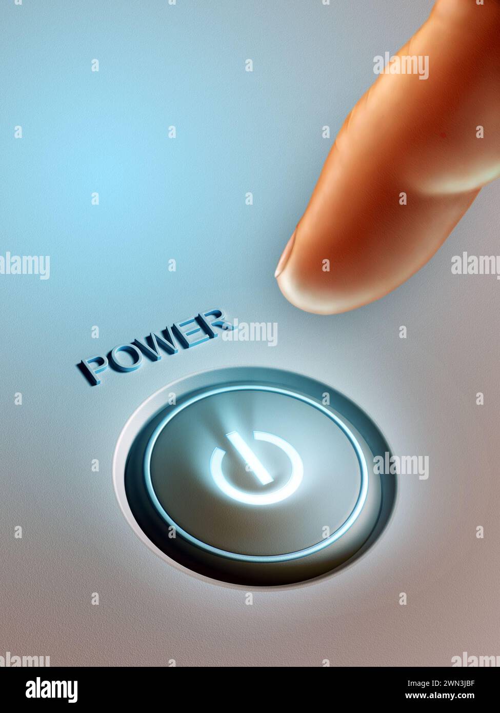 Index finger pressing a lit power button. Digital illustration Stock ...