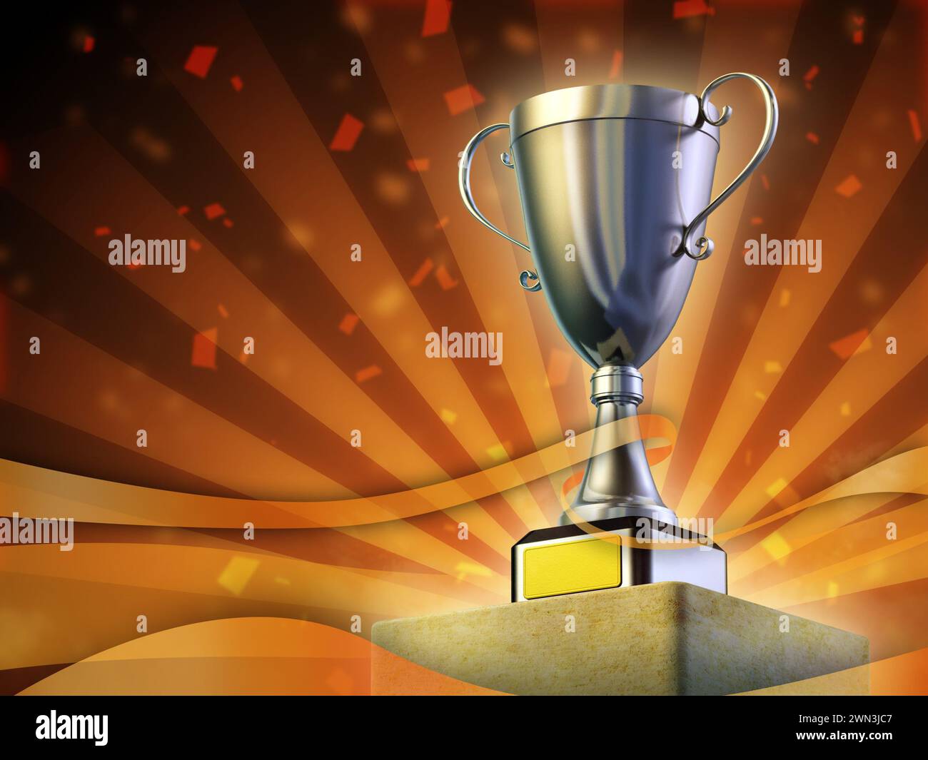 Winner cup standing on a pedestal. Festive orange background. Digital ...