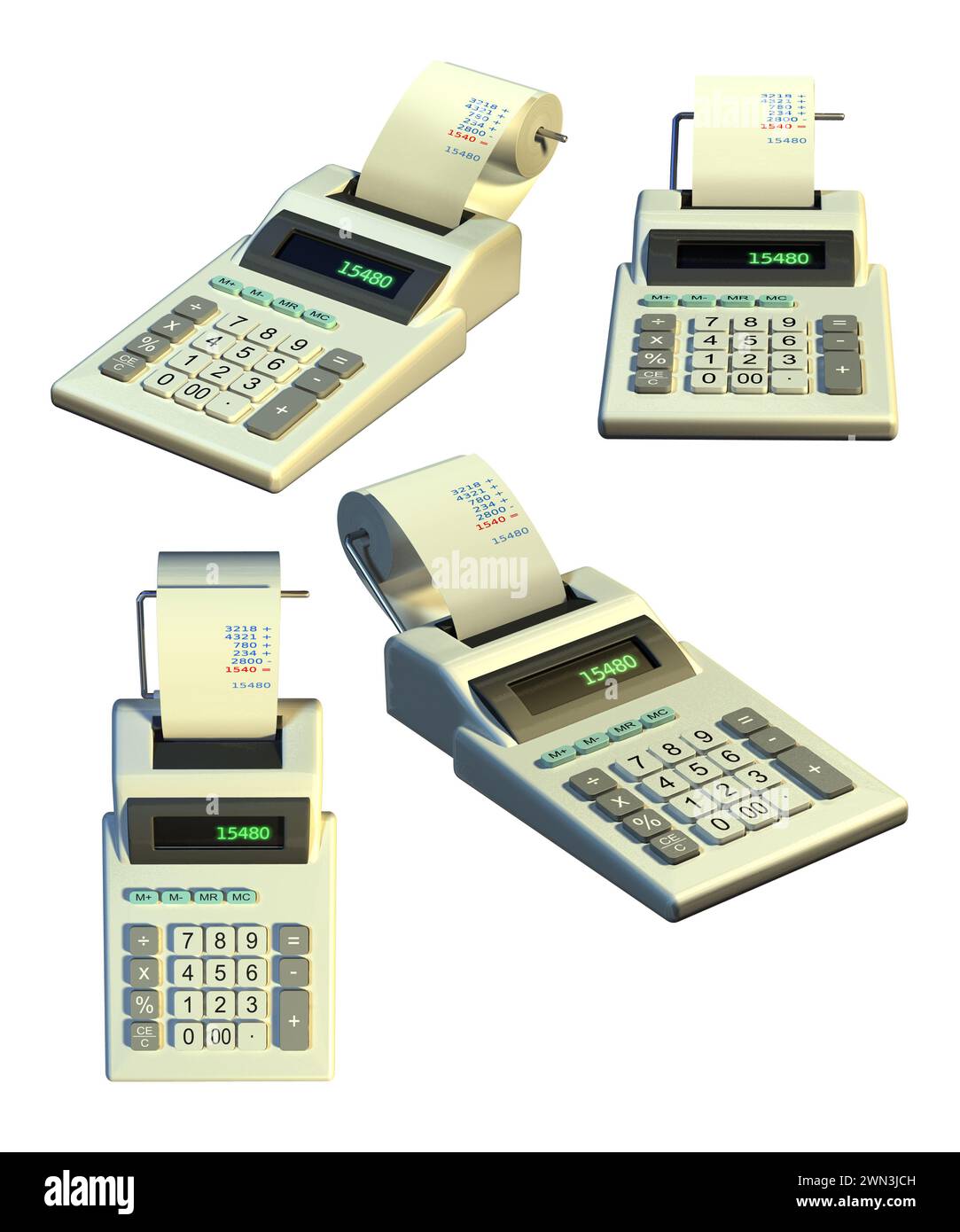 Simple calculator with printer on white background. Object shown in ...