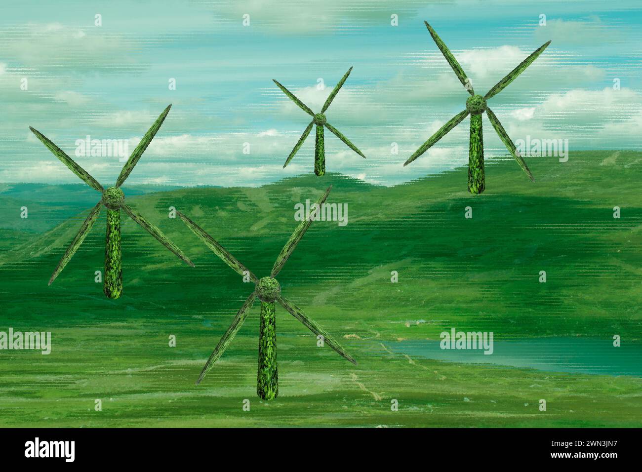 Illustration for climate protection Wind turbines with landscape Stock ...